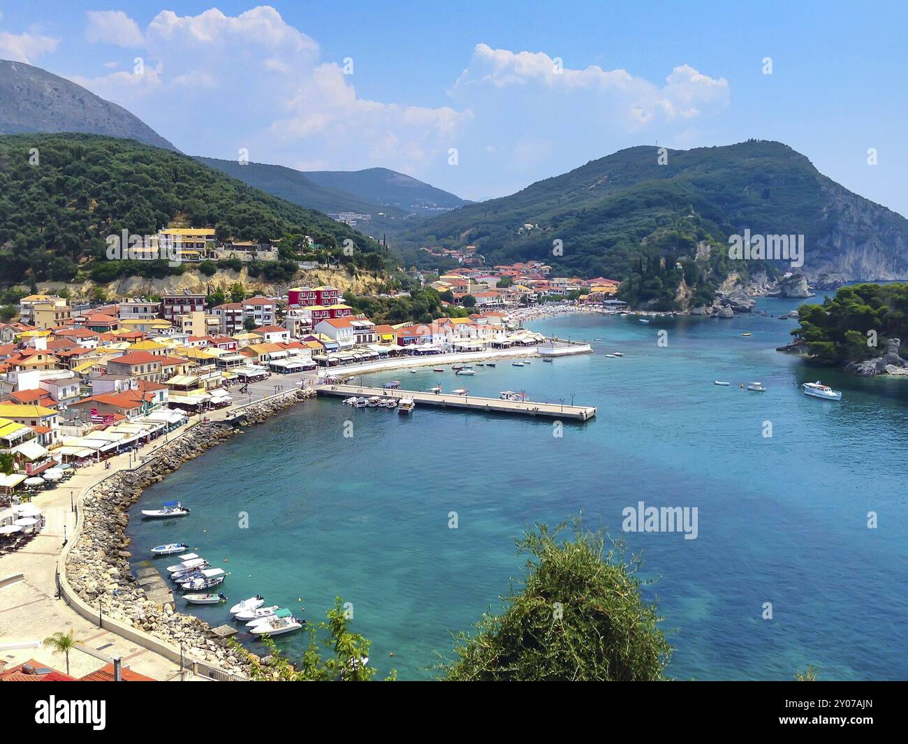 Panoramic aerial view of Parga, greek resort town at Ionian sea, Greece ...
