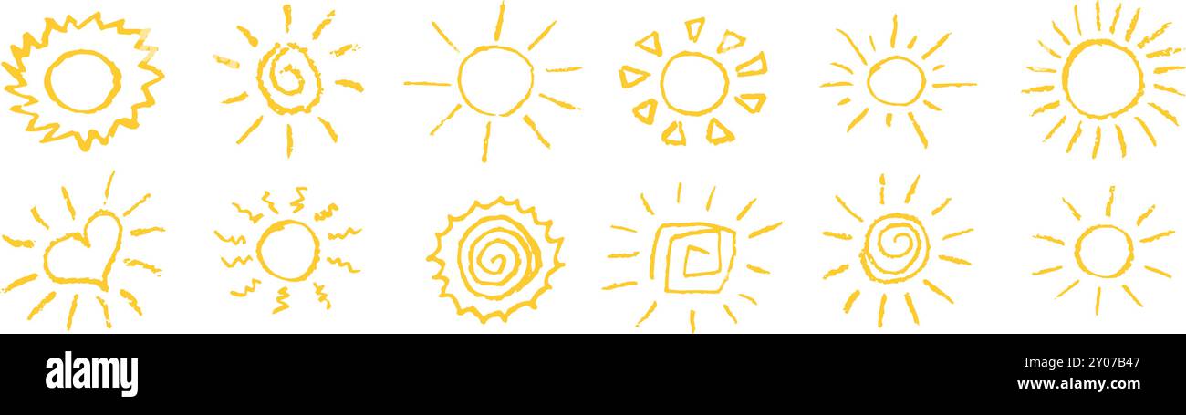 Set of fun like kid drawing yellow sun. Collection painted with pastel ...