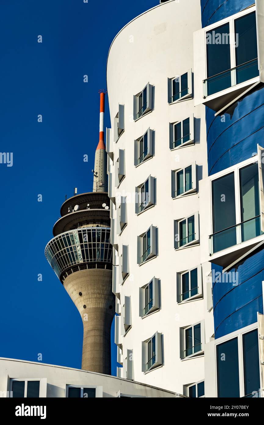 The Rhine Tower behind the Gehry buildings in Duesseldorf's Media ...