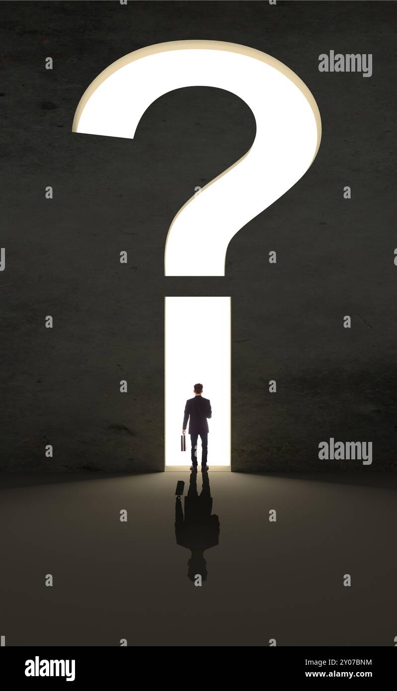 Businessman walk trought a big question mark door, goals or success ...