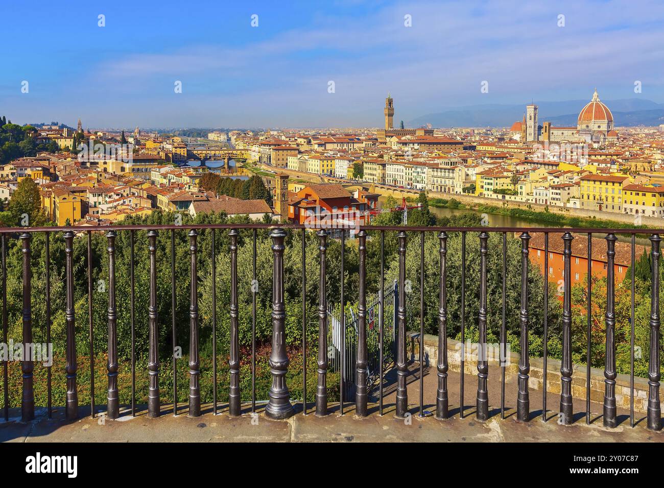 Florence, Italy viewpoint fence at Piazzale Michelangelo and view Duomo ...