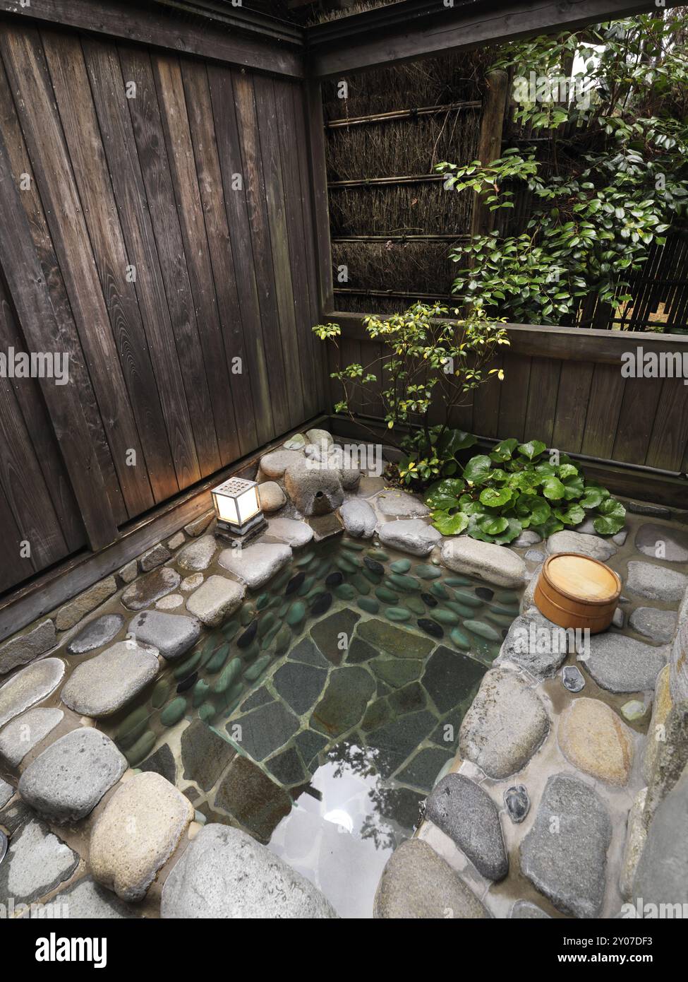 Open-air outdoor Onsen hot spring private bath at a ryokan hotel in Gero, Japan, Asia Stock ...
