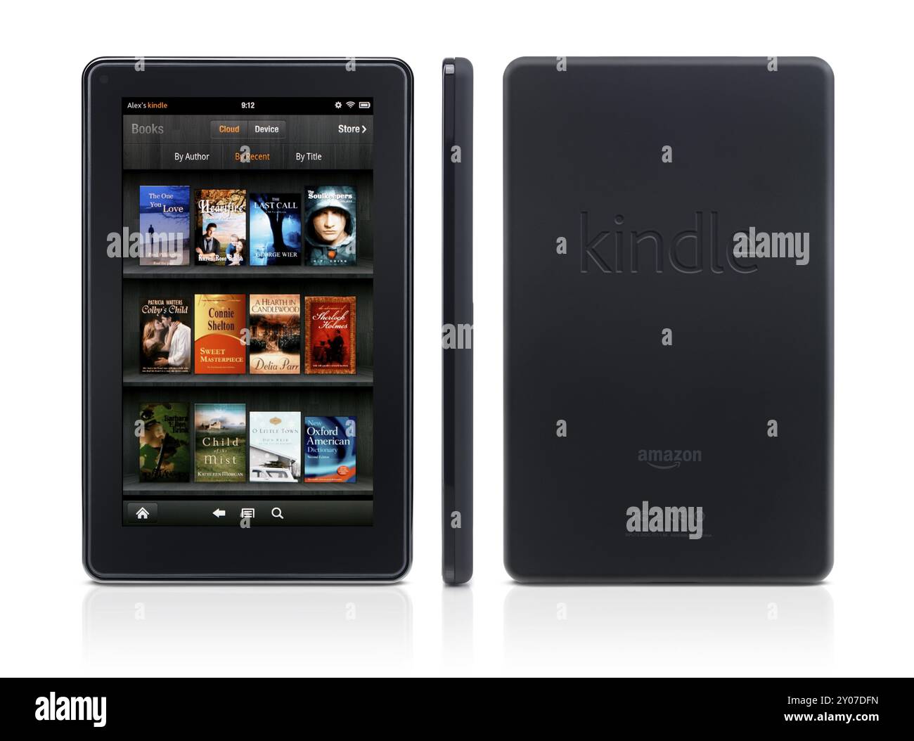 Amazon Kindle Fire tablet computer e-book reader front rear and side view isolated on white ...
