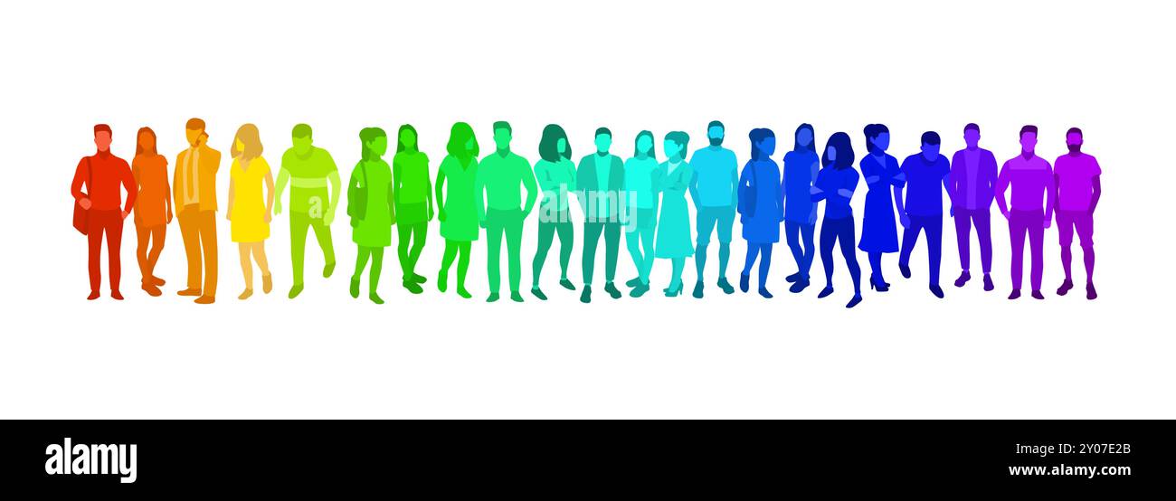 Group of people staying in line. Team concept. Rainbow people crowd ...