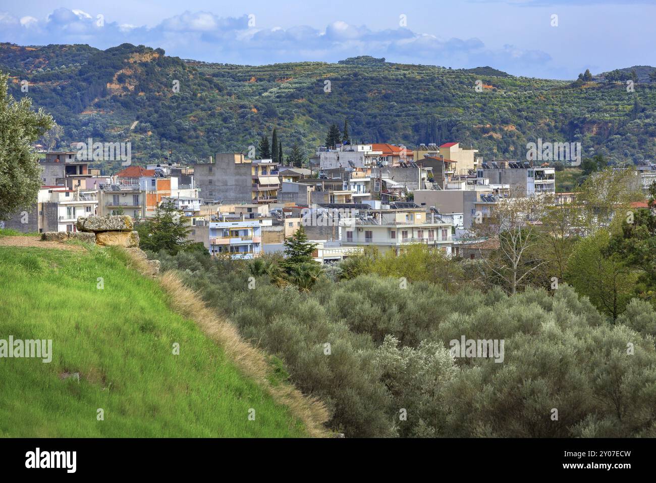 Aerial panoramic view of Sparta city with Taygetus mountains and ...