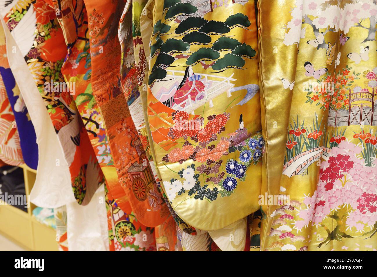 Japanese kimonos with colorful designs in a store Stock Photo - Alamy