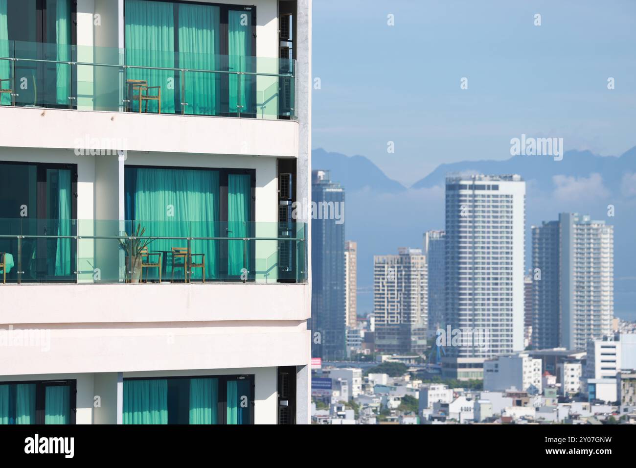 Da Nang hotel building with the background of Danang city view and ...