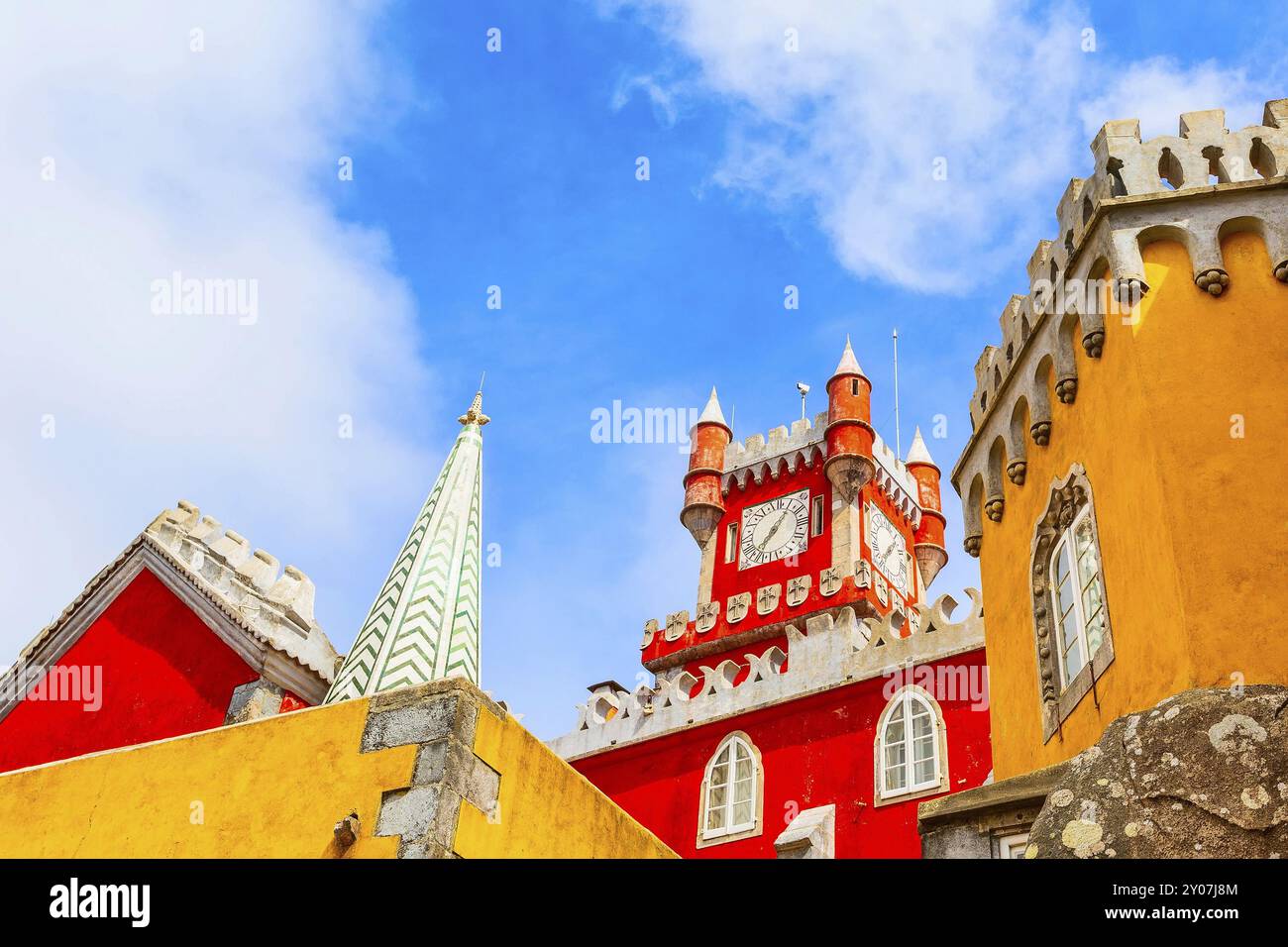 Sintra, Portugal landmark, red and yellow tower in Pena Palace close-up ...