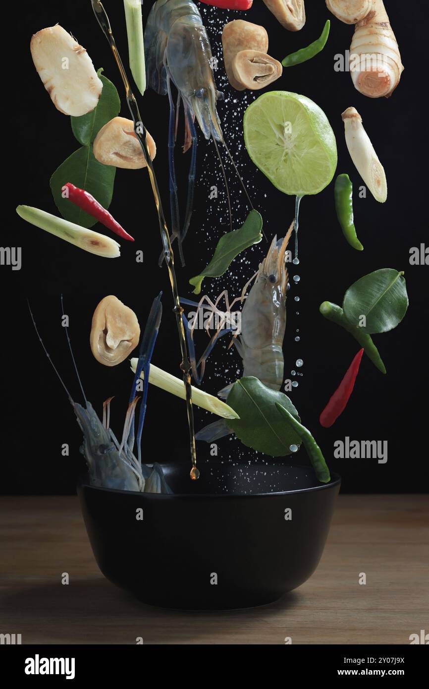 Thai food Tom Yam Kung food falling, food flying traditional food ...