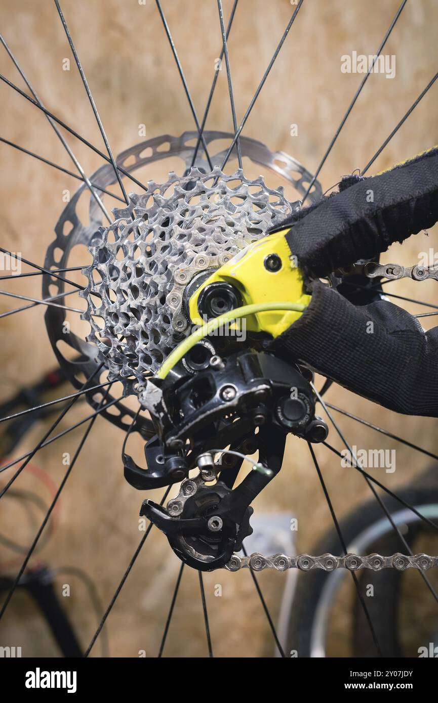 Close-up View of the bike in repair. Gear cassette close-up. Crafting ...
