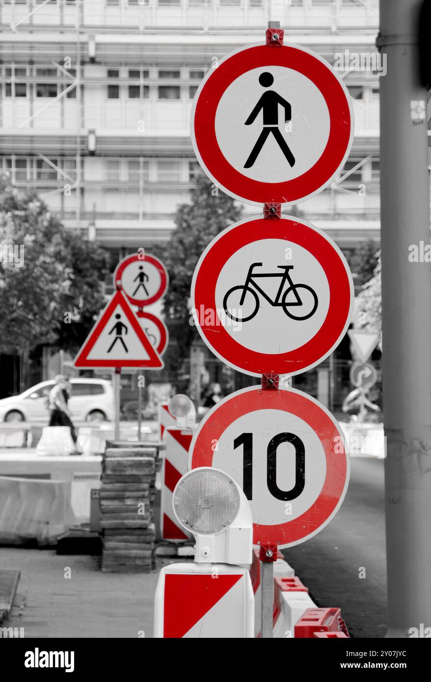 Traffic signs at a roadworks site in the centre of Berlin Stock Photo ...
