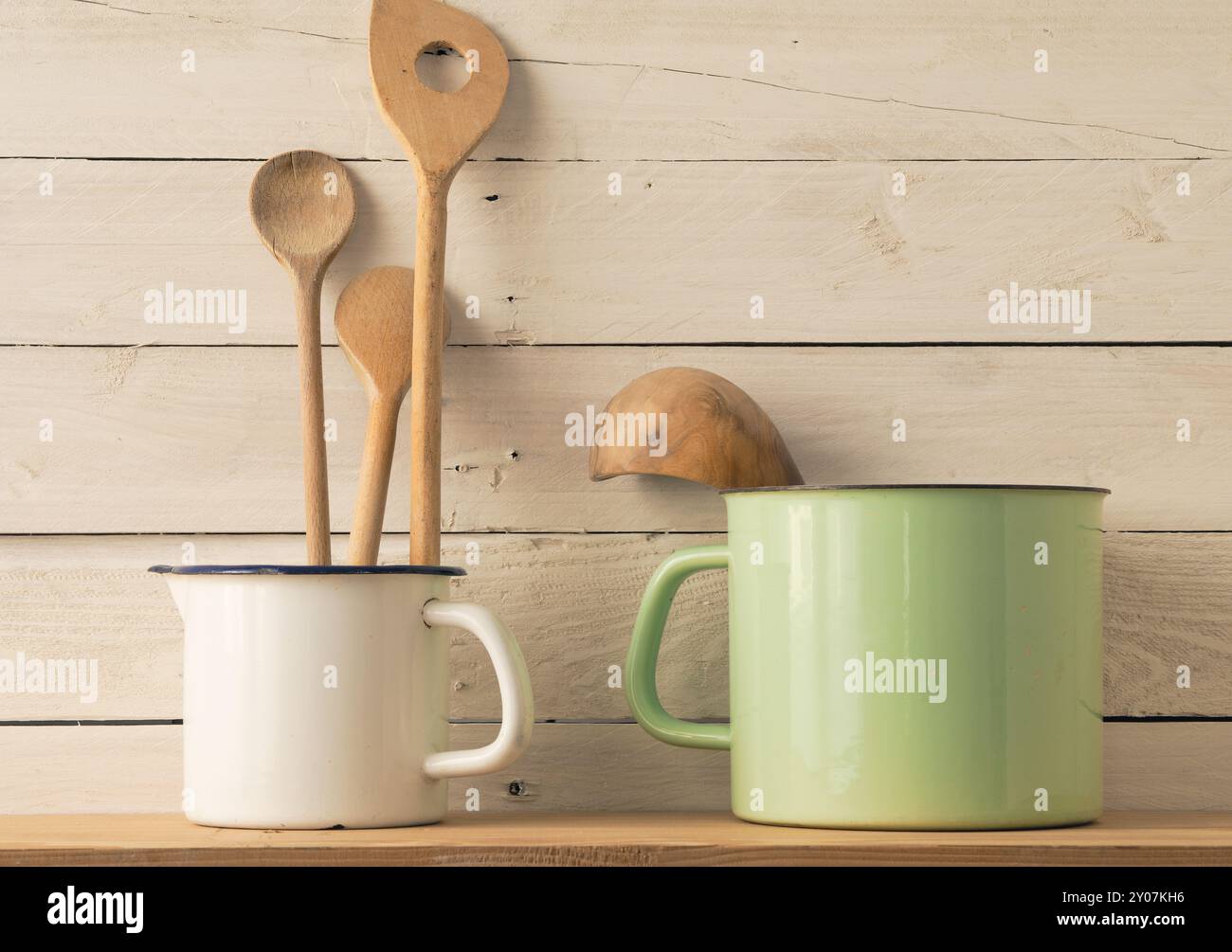 Home kitchen still life, old vintage wooden cooking spoons on white ...