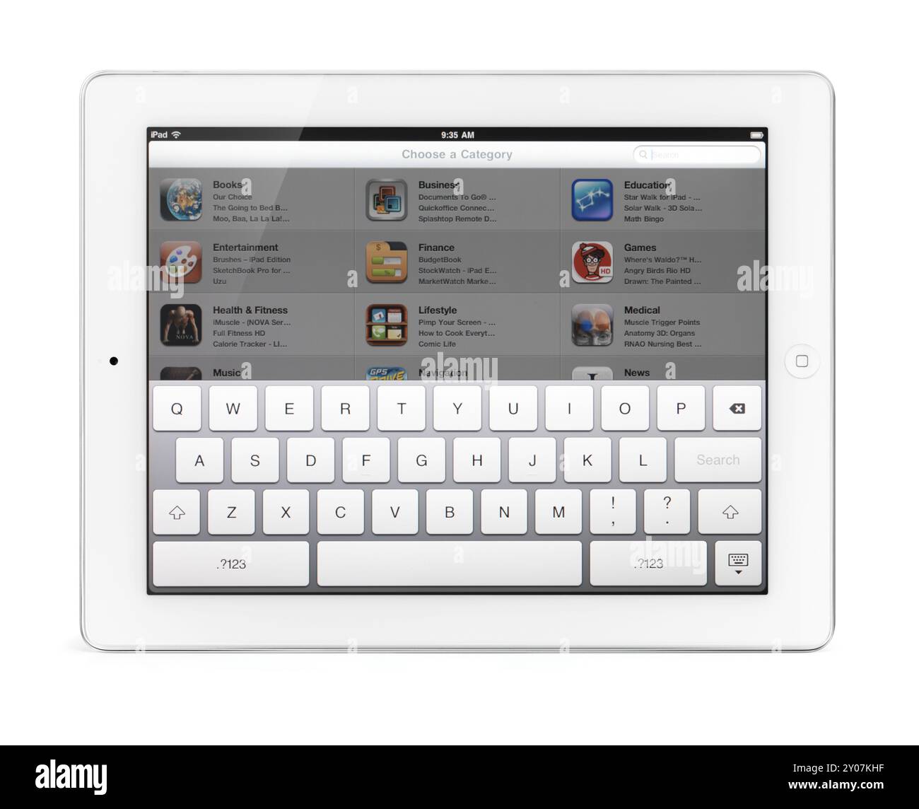 Virtual keyboard on touchscreen display of Apple iPad tablet computer. Isolated with clipping ...