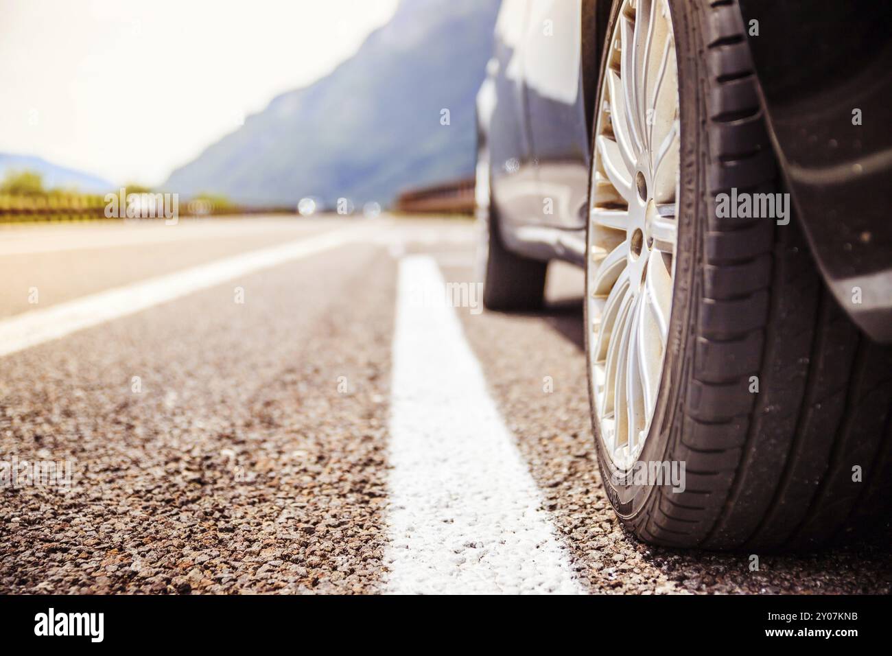 Close up of a car standing on a breakdown lane, summer vacation Stock ...