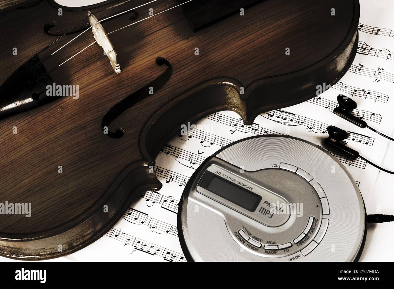 CD-player and a violin on sheet music Stock Photo - Alamy