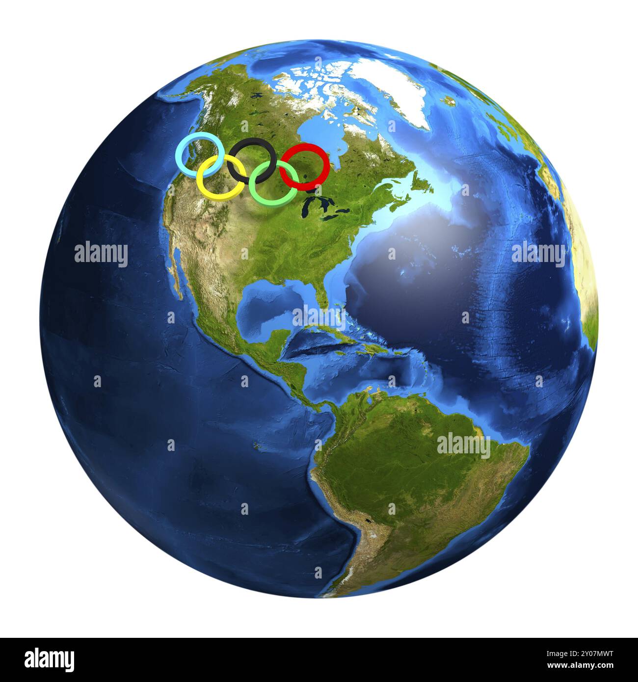 Olympic rings above Canada on the Earth globe. Vancouver 2010 concept ...