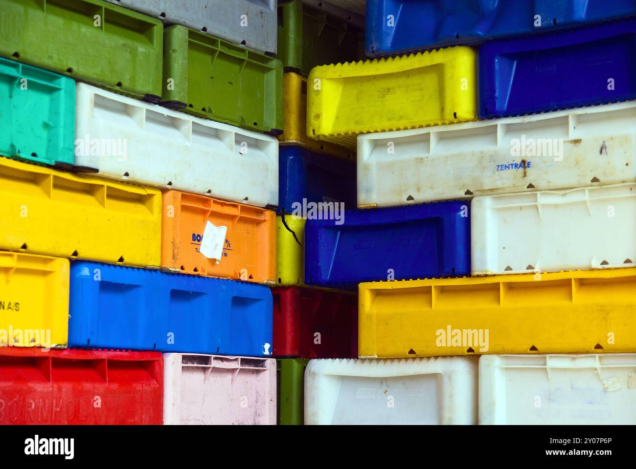 Stacked fish crates Stock Photo - Alamy