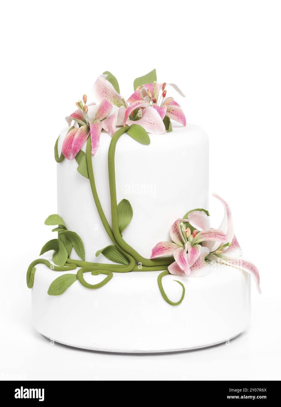 Fancy cake with lilies isolated on white background Stock Photo - Alamy