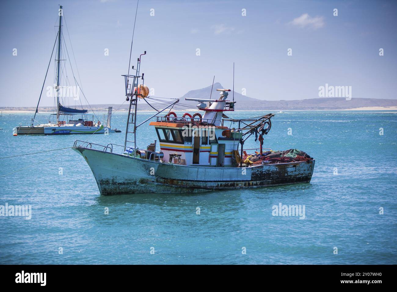 Ship at anchor in the harbour Stock Photo - Alamy