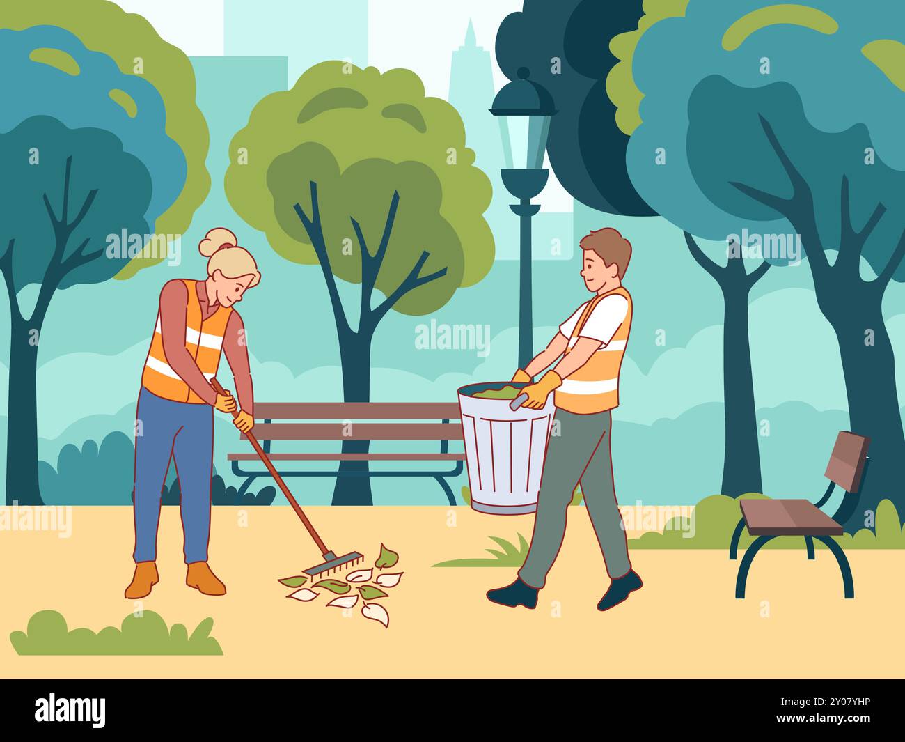 Janitors team clean street. People in uniform collect fallen leaves in ...