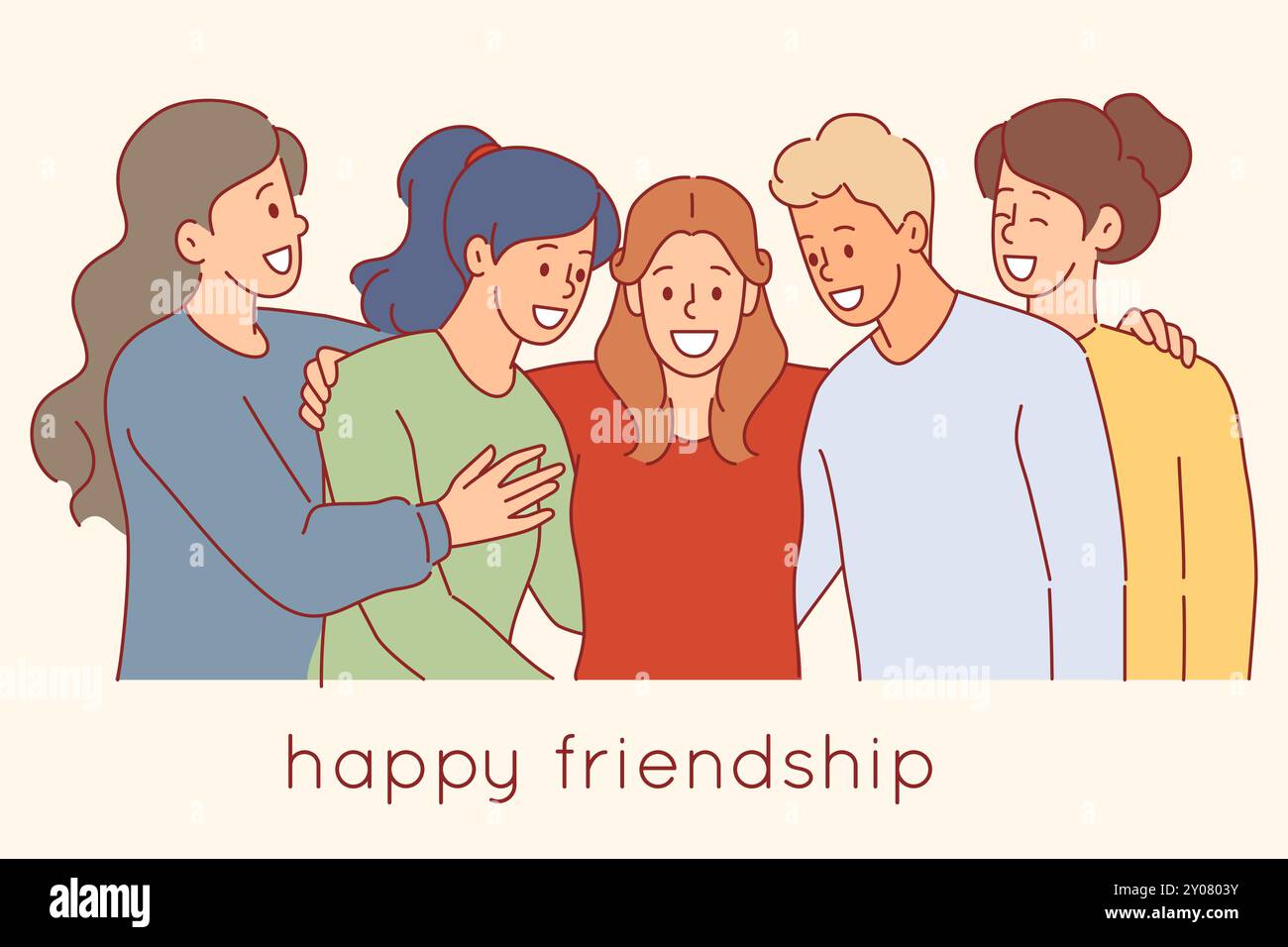 Friendly meeting. Happy people standing together, boys and girls group ...