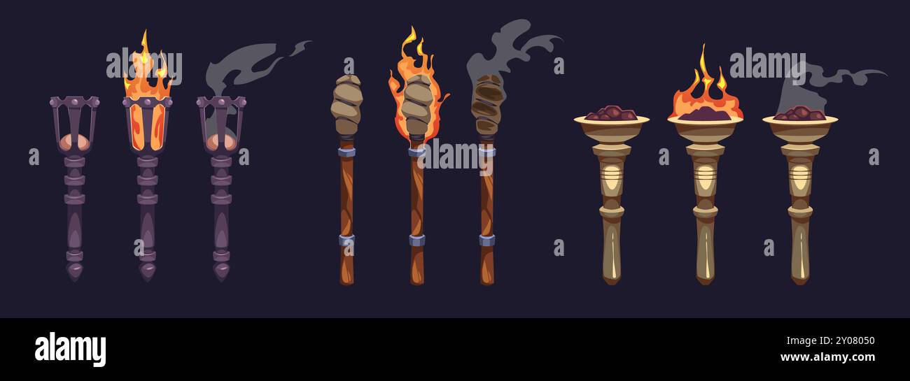 Burning torch. Fiery, smoldering and extinguished antique lighting ...