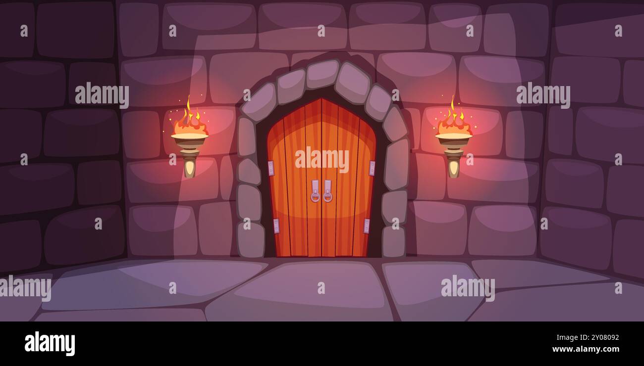 Castle door with torches. Ancient ways of lighting, medieval stone ...
