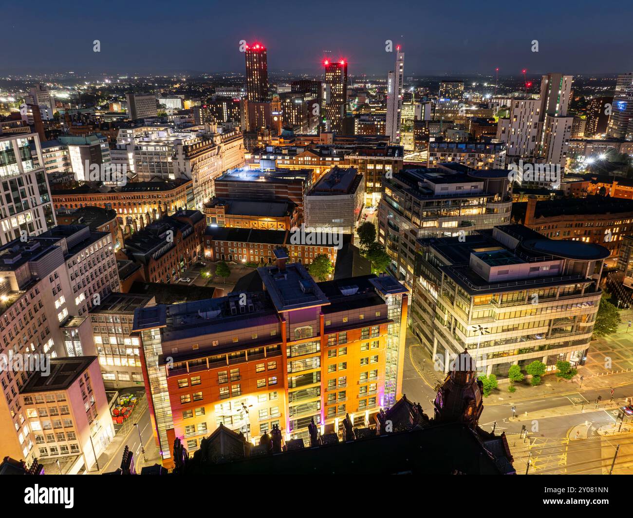 Aerial image of Manchester skyline at night Stock Photo - Alamy