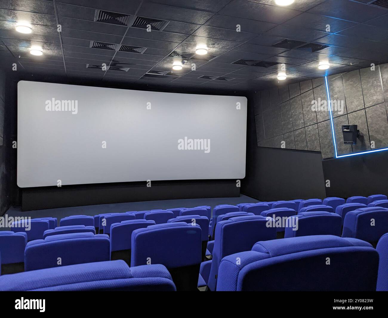 An empty cinema hall with modern minimalist design. A blank screen for ...