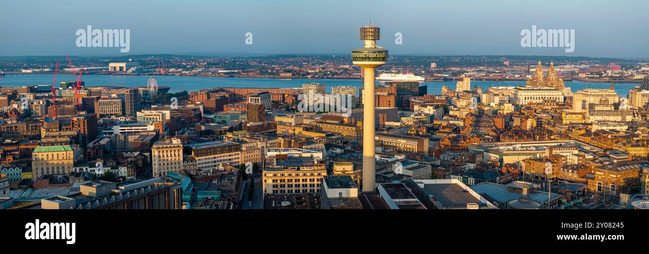 An aerial panoramic view of Liverpool Skyline , England, early morning ...