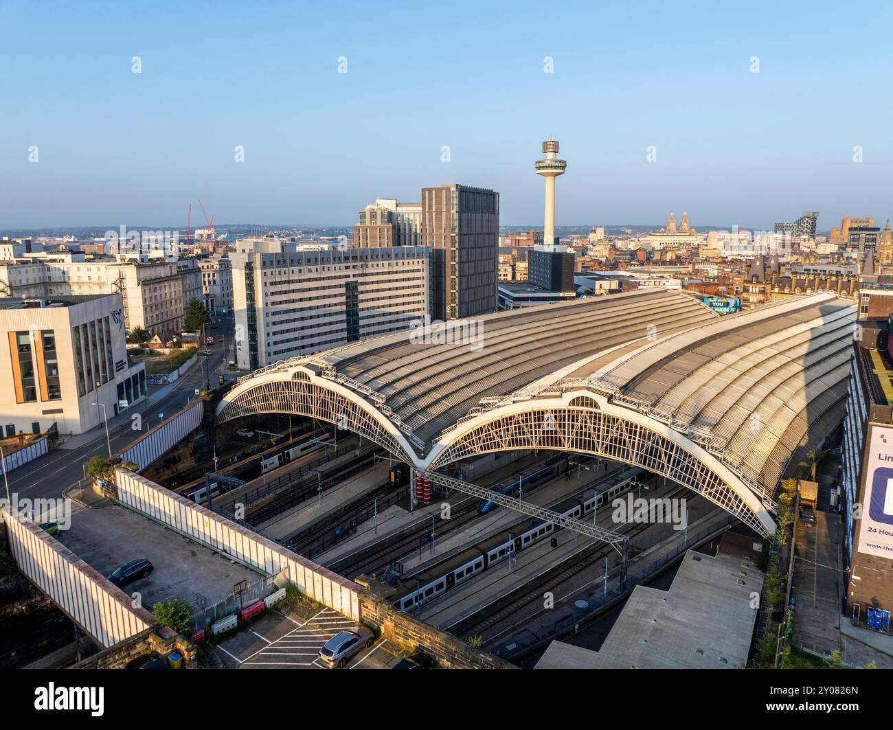 An aerial view of Liverpool Lime Street railway station with the city ...