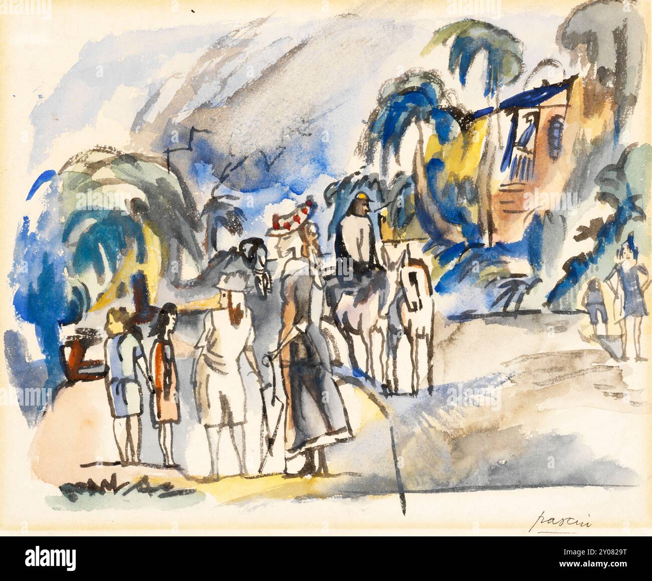 Southern Landscape with Figures and Horses. Jules Pascin. c. 1916 Stock ...