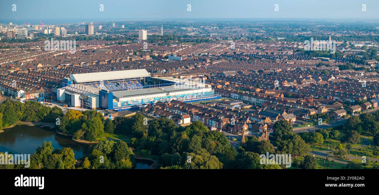 An aerial view of Goodison Park, Everton's home stadium, with the city ...