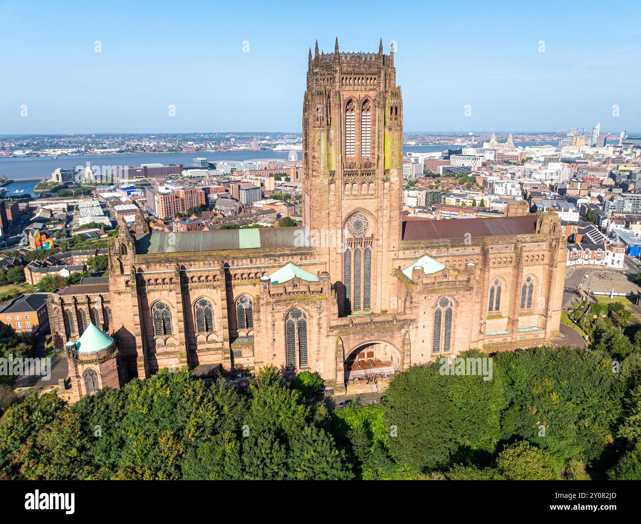 An aerial view of Liverpool Cathedral, a large Gothic cathedral ...