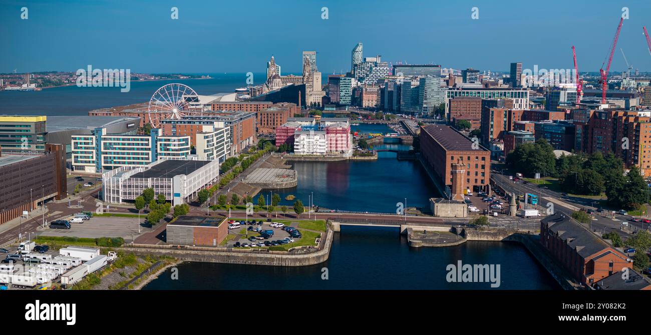 Panoramic aerial view of Liverpool, England, with the River Mersey ...