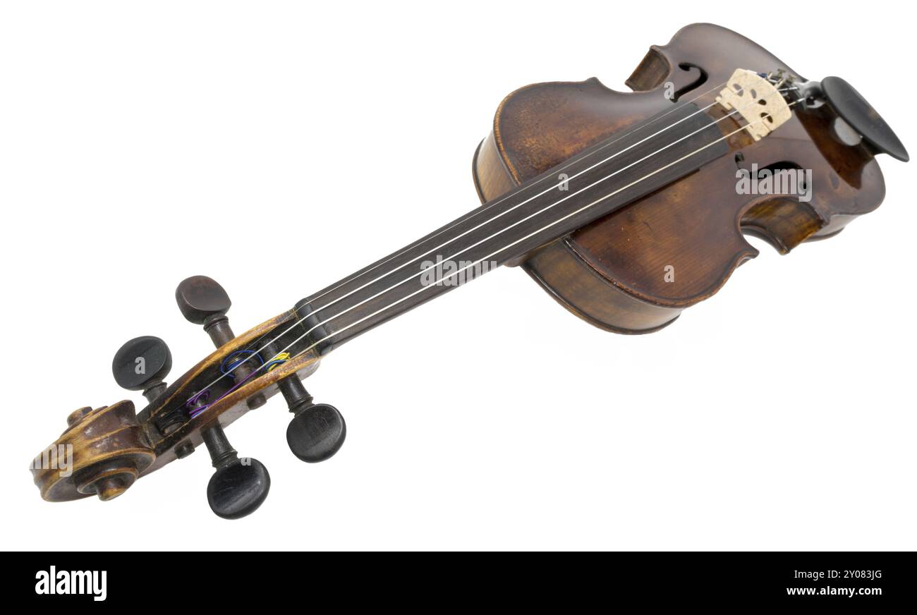 Old shiny violin with pegbox painted on white Stock Photo - Alamy
