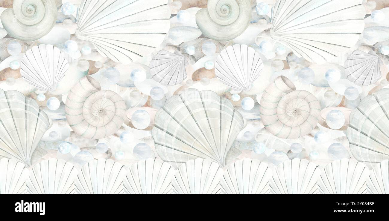 Seamless pattern and border of beige sea shells, stars and pebbles ...