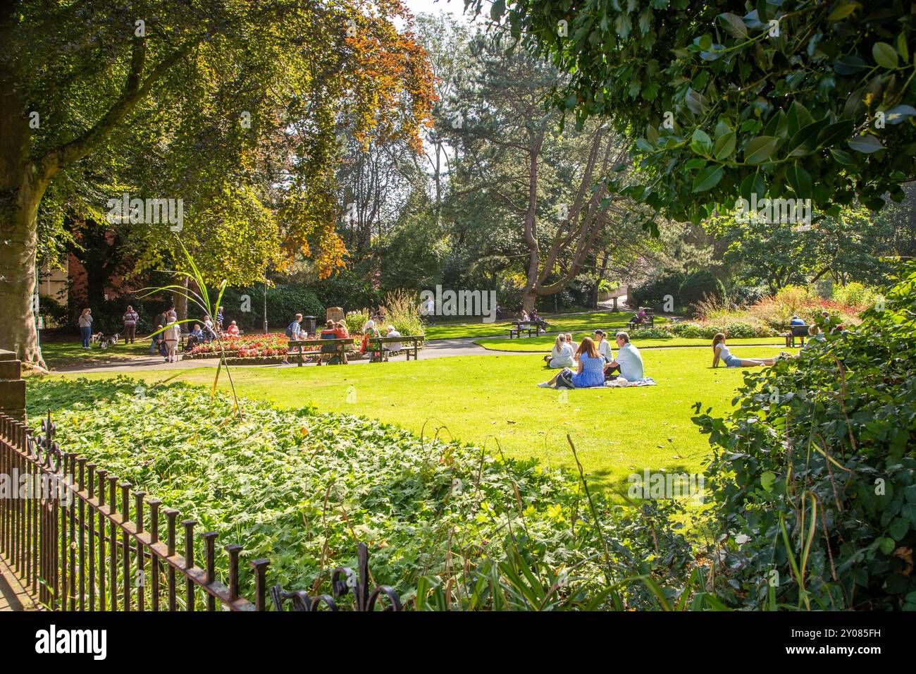 People enjoying the summer sunshine sunbathing in the park in the West ...