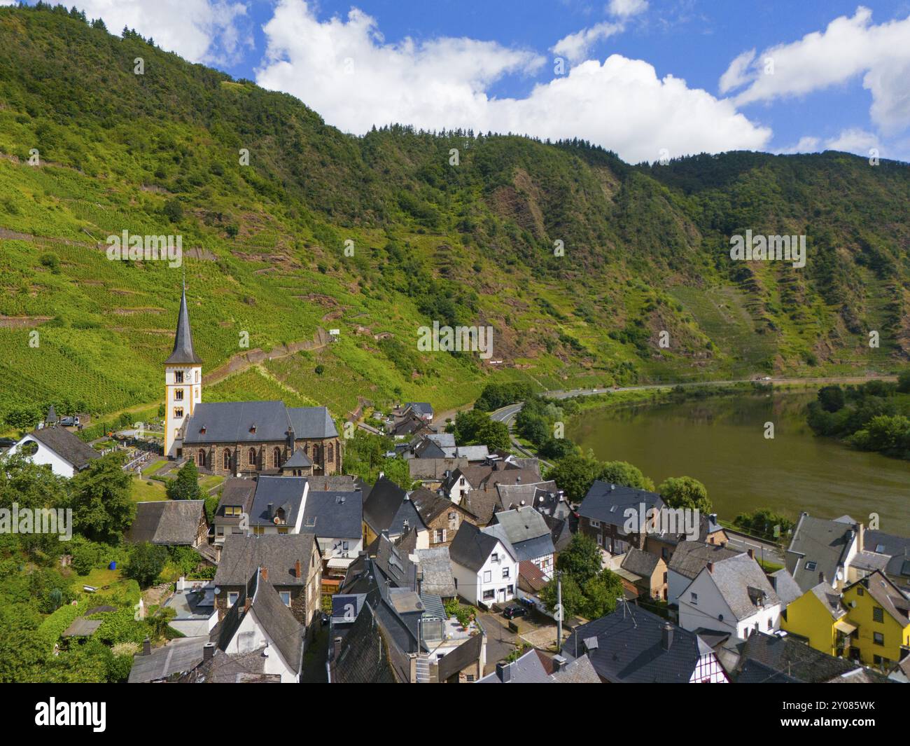 A village with a church and vineyards stretching over green hills, near ...