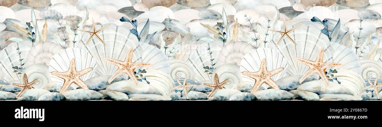 Seamless pattern and border of beige sea shells, stars and pebbles ...