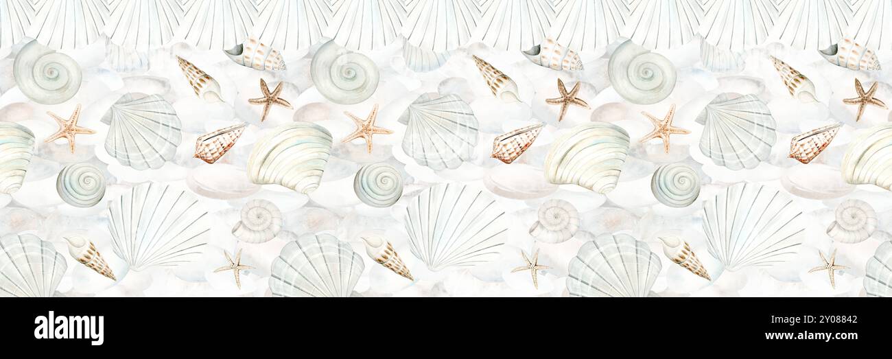 Seamless pattern and border of beige sea shells, stars and pebbles ...