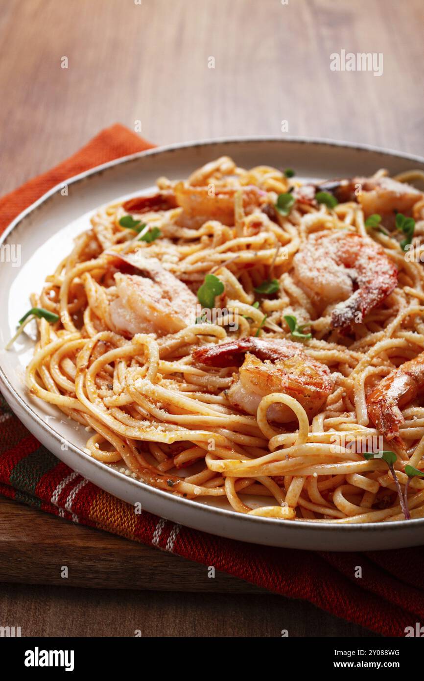 Spaghetti with tiger prawns, in tomato sauce, homemade, top view, no ...