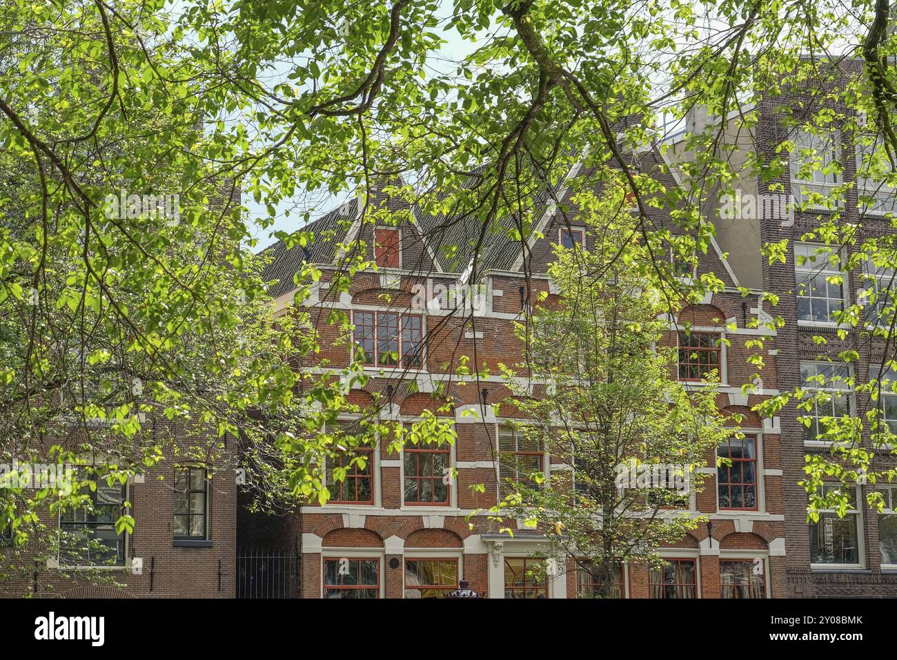 Building behind green trees, windows and architectural details visible ...