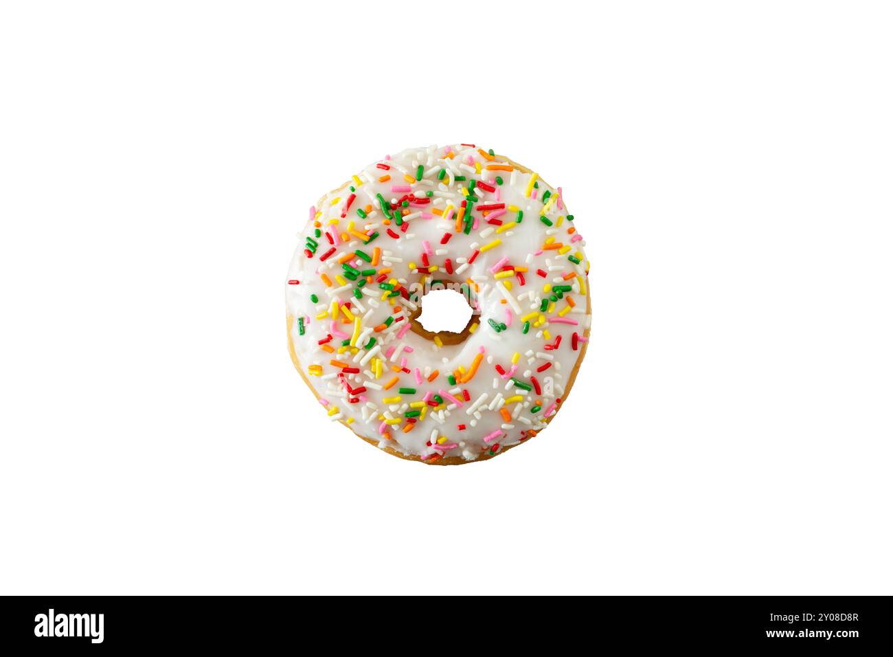 A top down view of a raised donut, featuring vanilla icing and rainbow ...