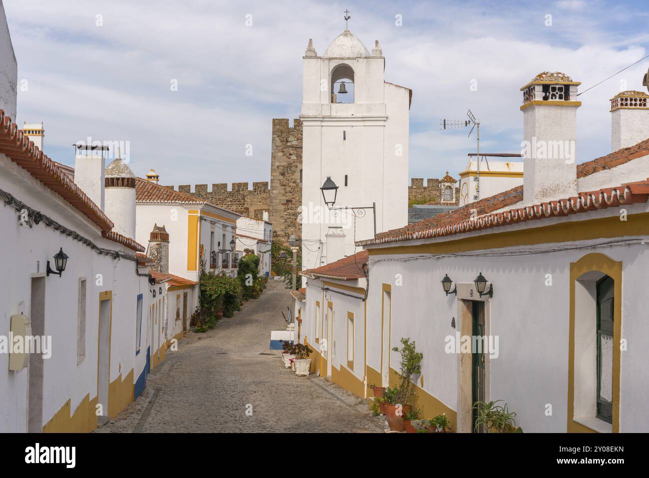 Traditional houses and castle on the Alentejo village of Terena, in ...