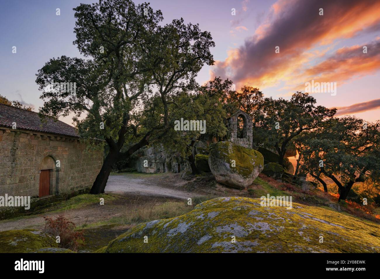 Ancient ruin stone structure building covered with moss near Sao Pedro ...