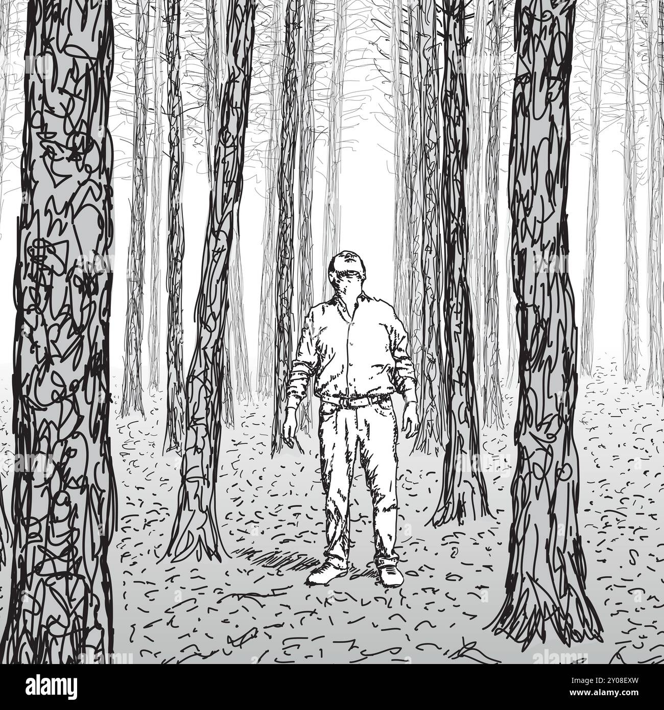 Drawing of a man looking up through the trees in the forest, vector ...