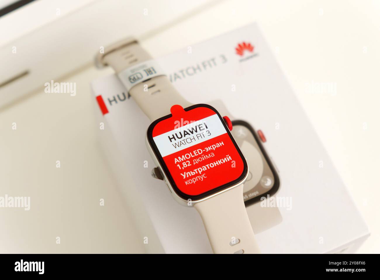 Tyumen, Russia-June 20, 2024: Huawei Watch Fit 3 with a red screen ...