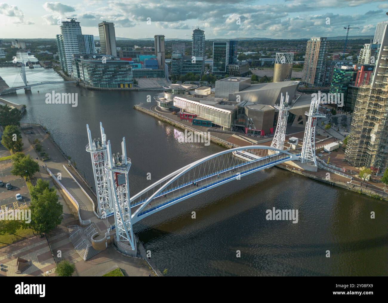 Aerial view of the Millennium Bridge, Lowry Arts Centre, Salford Quays ...