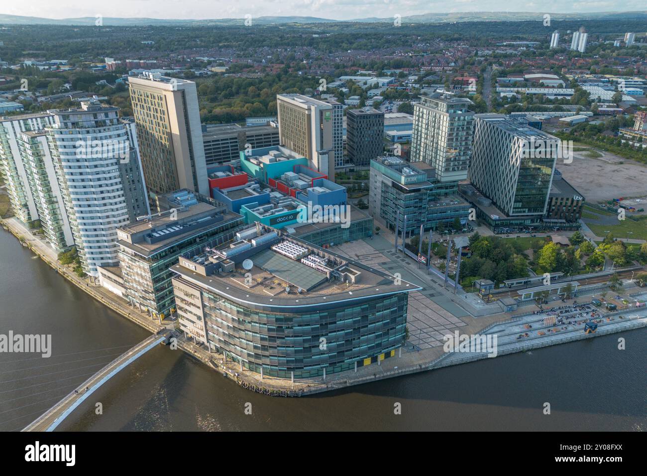 Aerial view of MediaCityUK complex including the BBC , Salford Quays ...